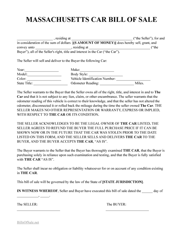 Free Massachusetts (MA) Bill of Sale Form | PDF & Word